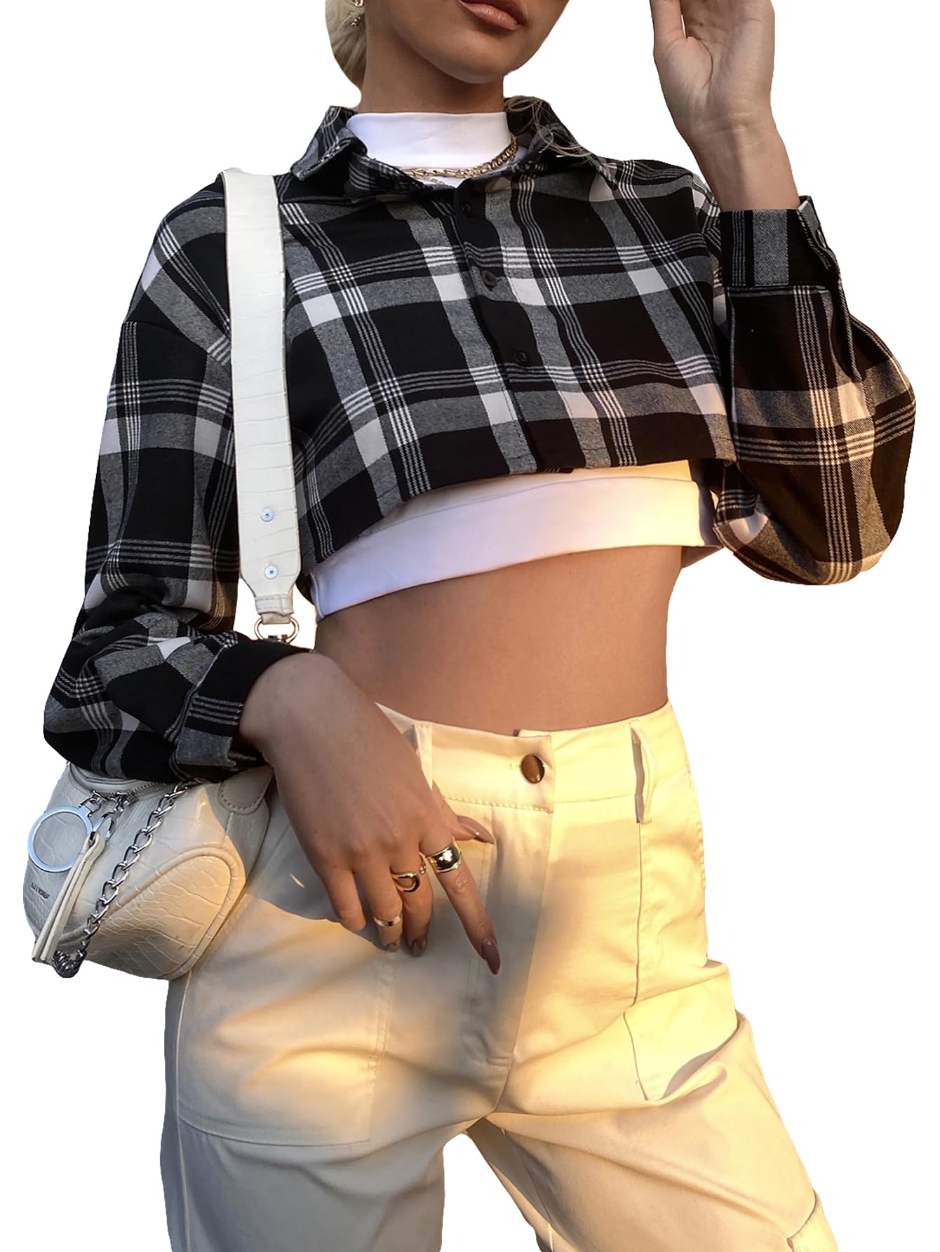 Floerns Women's Long Sleeve Collar Button Down Plaid Crop Top Blouse Black and White M