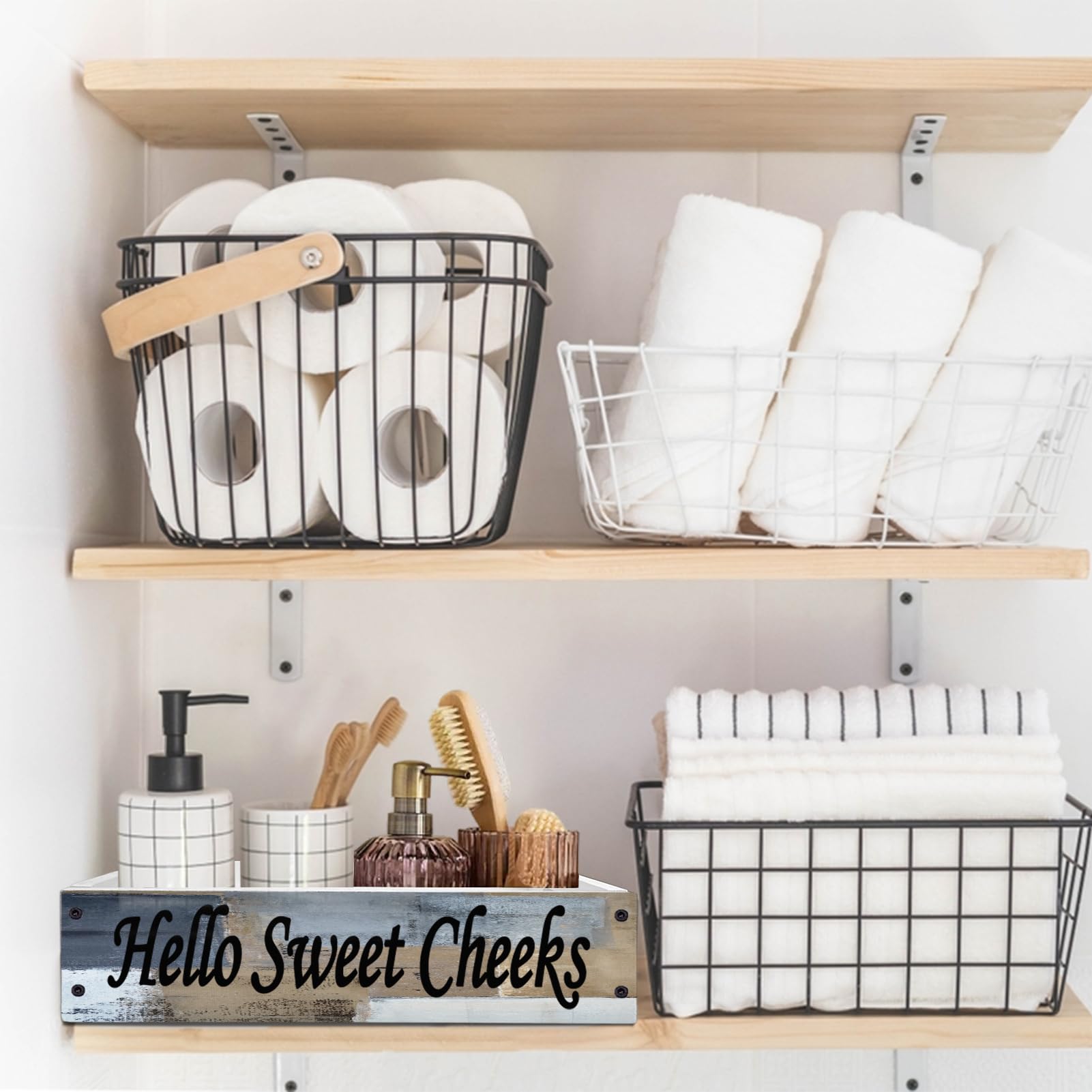 Lnond Rustic Bathroom Decor Box, Bathroom Toilet Tank Tray Storage Basket, Hello Sweet Cheeks Bathroom Wooden Toilet Paper Basket with Handle (Blue and Brown)