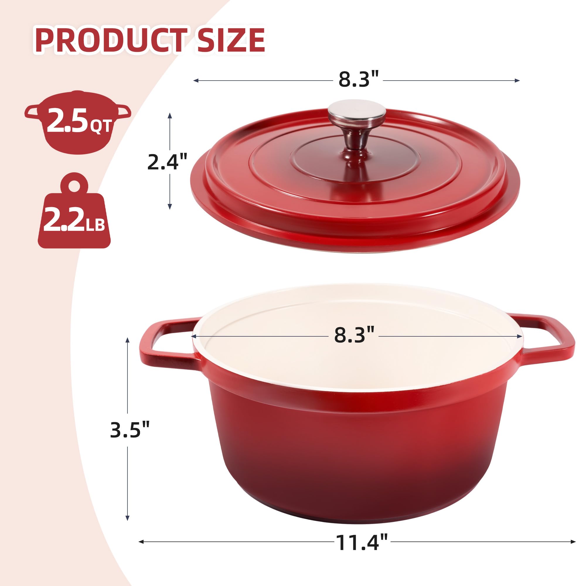 Lightweight 2.5 Qt Dutch Oven Pot with Lid, Nonstick Dutch Oven, Enameled Dutch Oven for Bread Baking, Cast Aluminum Pot Compatile with All Cooktops, Dishwasher Safe Cookware, Red