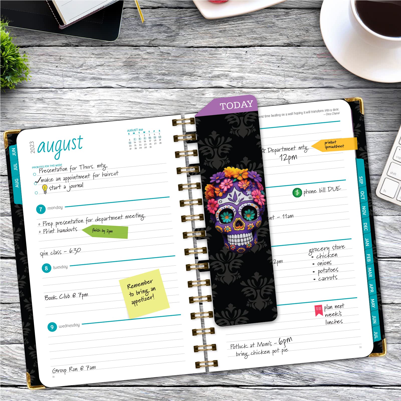 HARDCOVER Academic Year 2023-2024 Planner: (June 2023 Through July 2024) 5.5"x8" Daily Weekly Monthly Planner Yearly Agenda. Bookmark, Pocket Folder and Sticky Note Set (Sugar Skull)