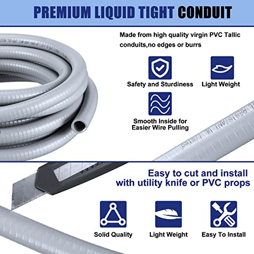 Electrical Conduit and Connector Kit Flexible Liquid Tight Electrical Conduit Non Metallic Electrical Conduit with 5 Straight and 3 Angle Fittings Included (1/2 Inch 50 Ft)