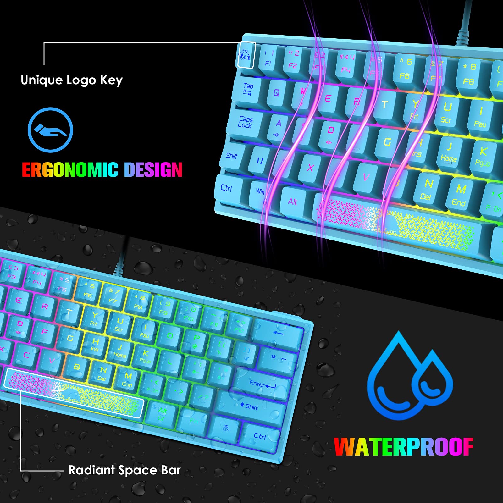 Gaming Keyboard and Mouse Combo Mini Portable with Chroma RGB Backlit Ergonomic 62Key Layout 19Key Anti-ghosting Mechanical Feel 3200DPI Honeycomb Mice USB Wired for PC Mac Gamer Laptop Typists(Blue)