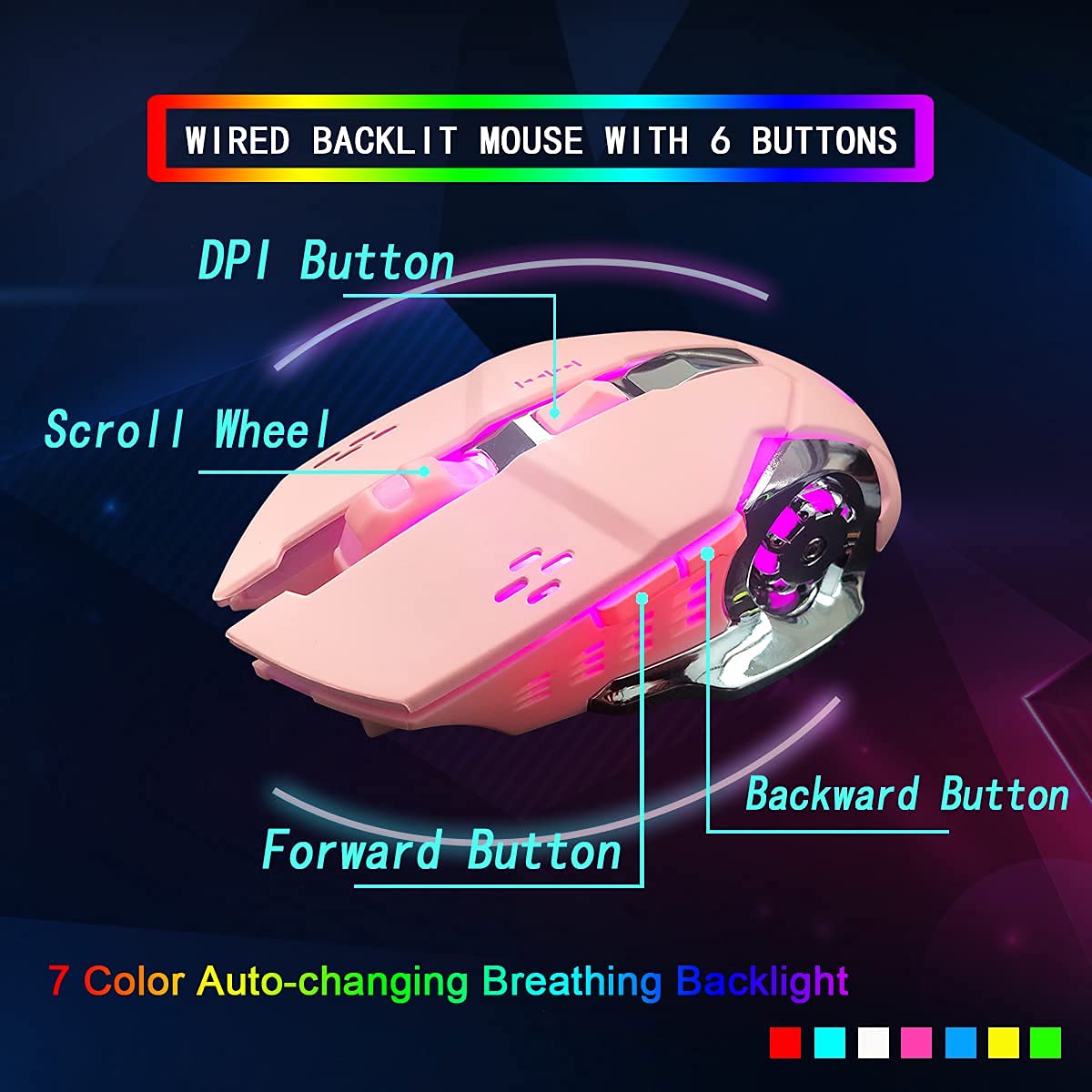 Gaming Keyboard and Mouse Combo Pink, Loreran Gaming Keyboard LED Colorful Lights Backlit Wired Pink Keyboard kawaii and cute keyboard Adjustable Light up Keyboards for Mac/PC/Laptop/Win7/Win8/Win10