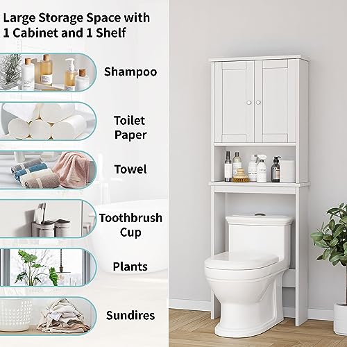 Shintenchi Over The Toilet Storage Cabinet, Bathroom Shelf Organizer with Anti-Tip Device Small Freestanding Space Saver with Adjustable Shelf,White