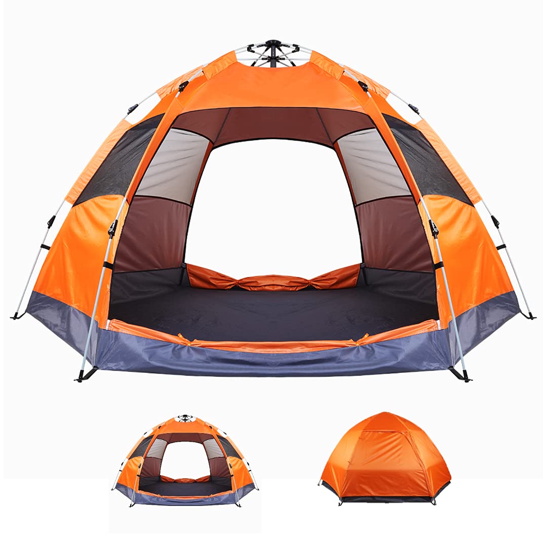 Hikeman Family Camping Tent 4/6/8 People Double Layer Large Tent for Camping Two Doors Four Windows Portable Tent,Automatic Waterproof Windproof Tent for Hiking Mountaineering (Orange)