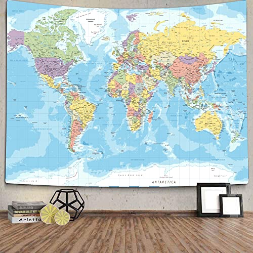 TOMOZ World Map Tapestry Wall Hanging for Kids Student, World Map with Countries and Major Cities Tapestry Educational Tapestry for Bedroom Living Room Dorm Home Decoration 60 x 51Inch
