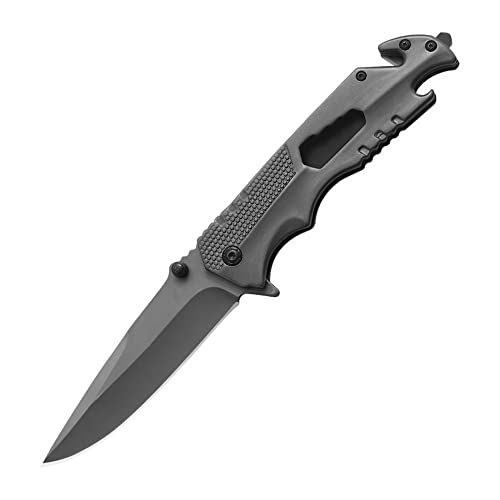 Link Knife Pocket Knife 5-in-1 Large Blade Cutting, Bottle Opener & No. 4 Wrench,Seatbelt Cutter, Glass Breaker for Emergencies, with Liner-Lock, Clip,Multifunctional Folding Knife, Gray