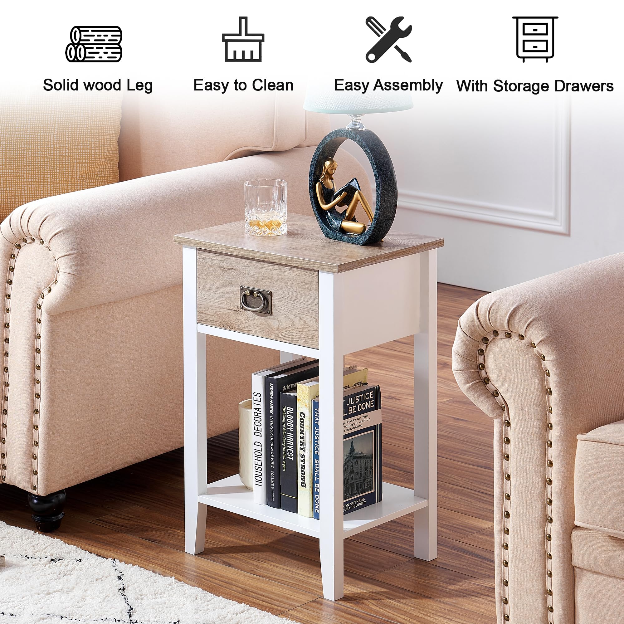 VECELO Nightstands Set of 2, Side End Table with Drawers for Bedroom, Living Room Sofa Bedside, Vintage Accent Furniture Small Space Storage Cabinet, Solid Wood Legs