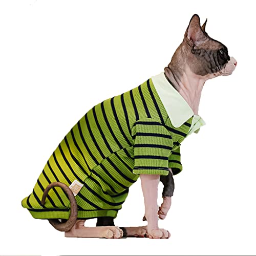 Sphynx Hairless Cat Clothes Autumn Waffle Stripe Lapel Polo Shirts Breathable Thicken Cotton T-Shirts with Sleeve Kitten Shirts Pet Clothes (M (6-7.7lbs), Black Green Polo)