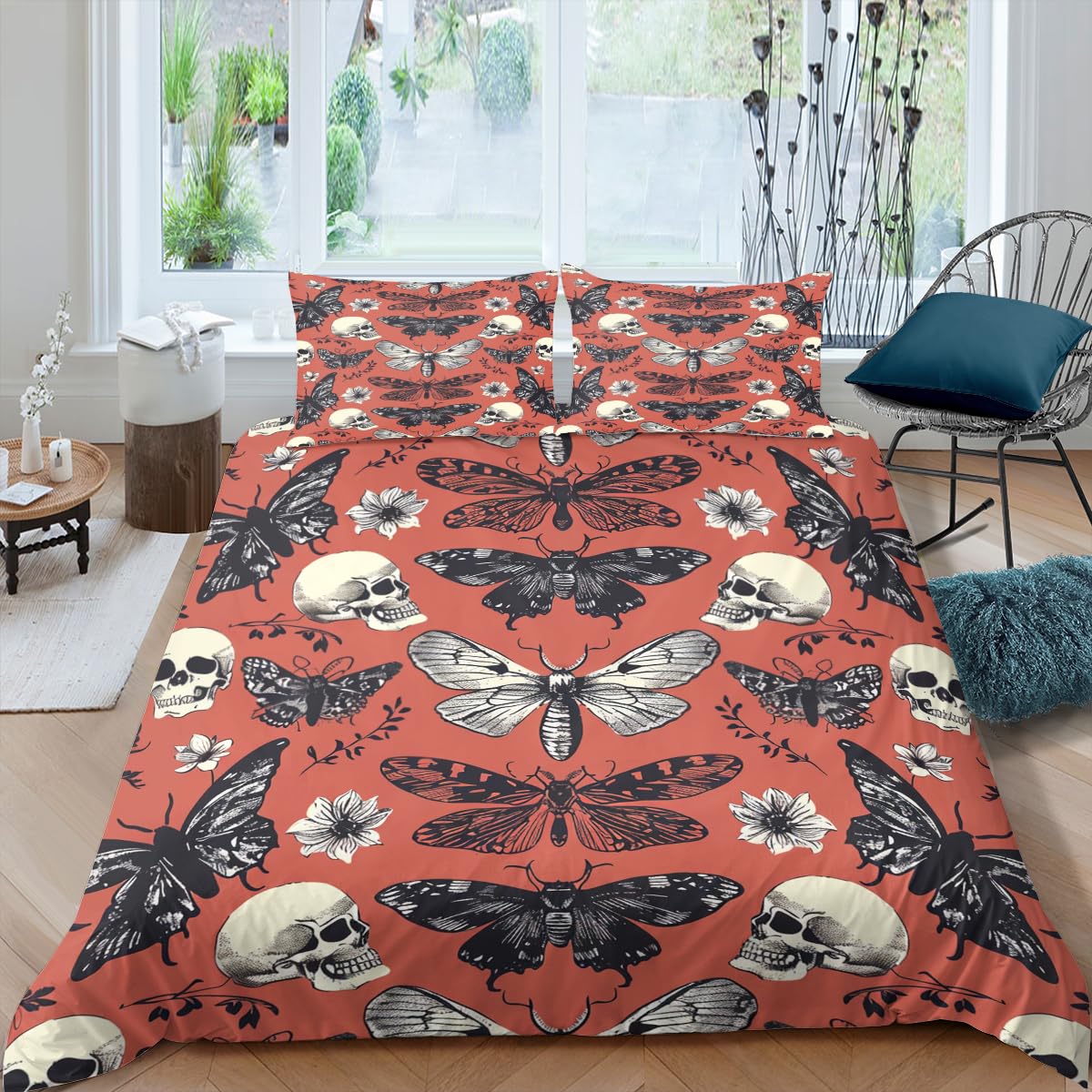 Menkala Gothic Skull Duvet Cover Queen Size Moth Comforter Cover White Floral Duvet Cover Set Black Leaf Death Moth Bedding Set Breathable Durable Soft