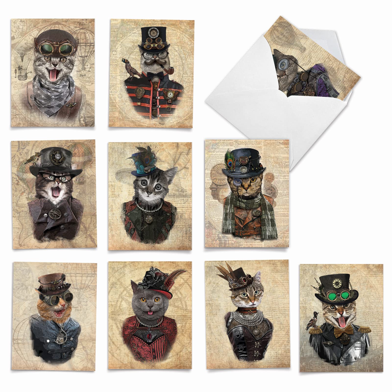 The Best Card Company 10 Assorted Thank You Notecards Bulk Box Set 4 x 5.12 Inch with Envelopes (10 Designs, 1 Each) Steampunk Cats M6554TYG