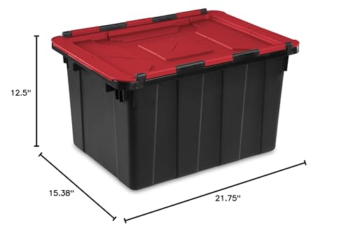 Sterilite 12 Gal Hinged Lid Industrial Tote, Stackable Storage Bin with Hinge Lid, Plastic Container to Organize Basement, Black with Red Lid, 1-Pack