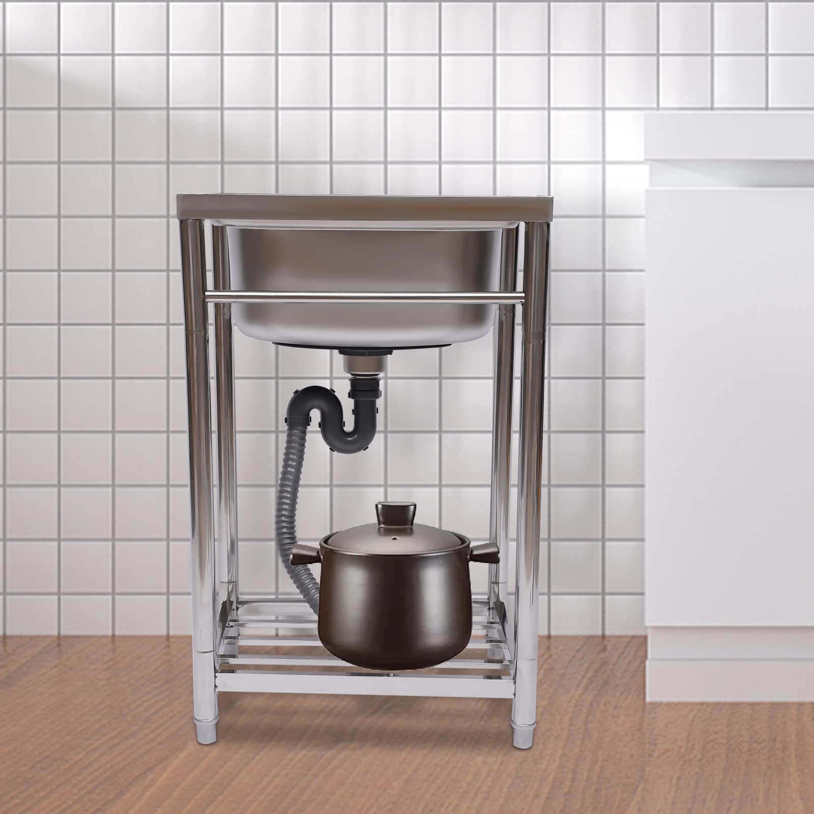 Free Standing Stainless-Steel Single Bowl Commercial Restaurant Kitchen Sink Set w/Drainboard, Prep & Utility Washing Hand Basin w/Storage Shelves Indoor Outdoor