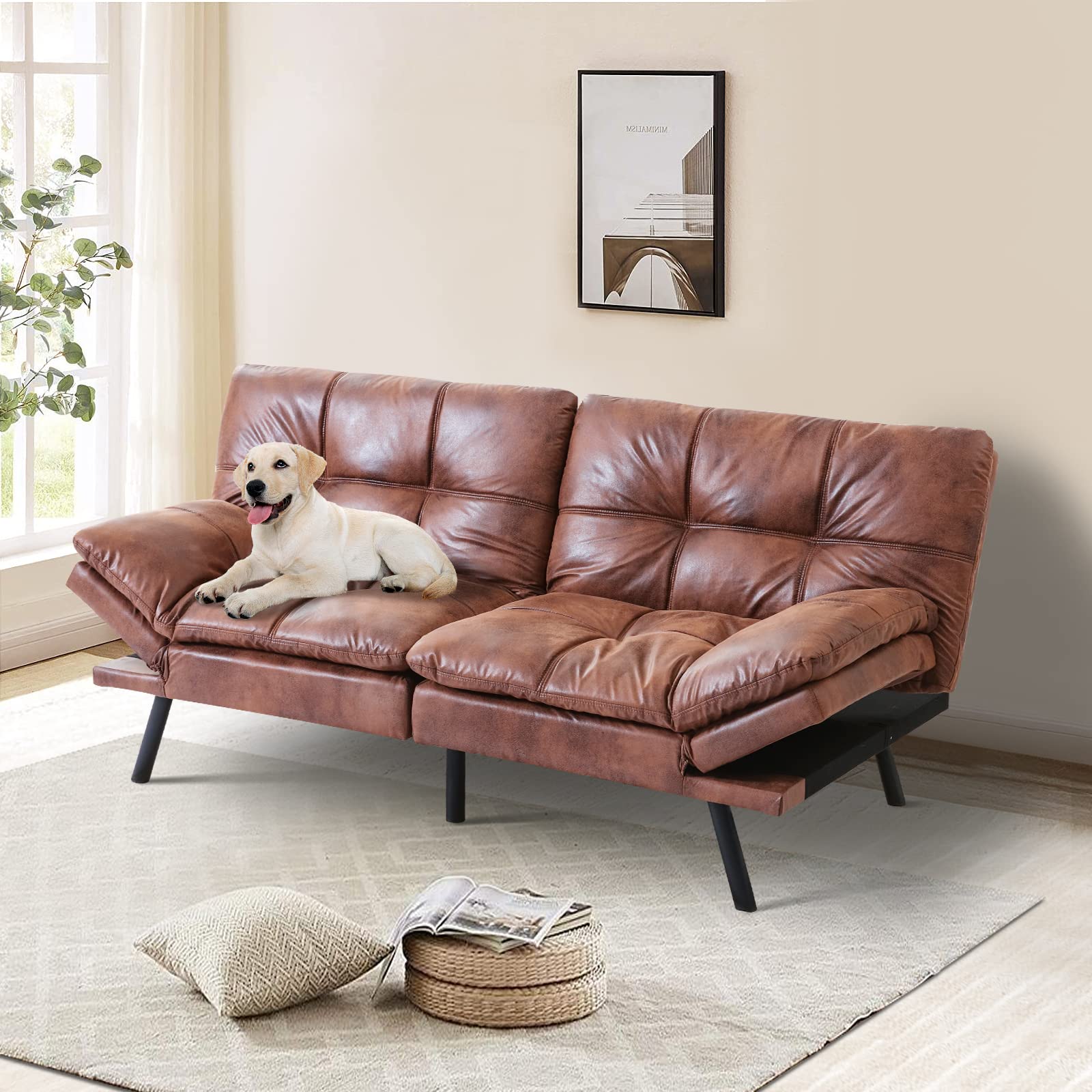 MUUEGM Futon Couch Bed Sleeper Convertible Modern Memory Foam Love seat,Faux Leather Foldable Daybed for Living Room Office Apartment,Adjustable Armrest&Backrest Sofas, Light Brown