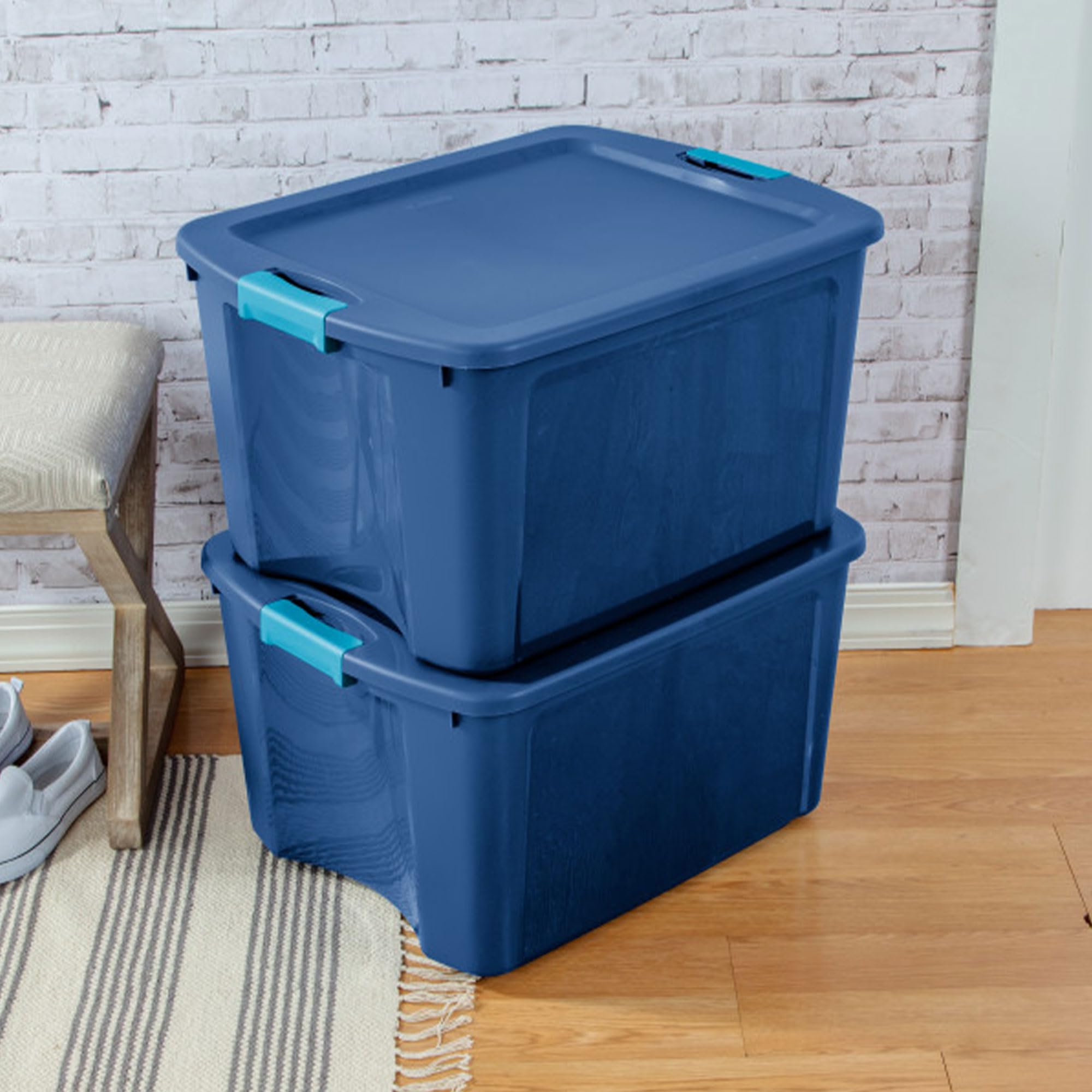 Sterilite 18 Gal Latch and Carry, Stackable Storage Bin with Latching Lid, Plastic Tote Container to Organize Closets, Blue with Blue Lid, 6-Pack