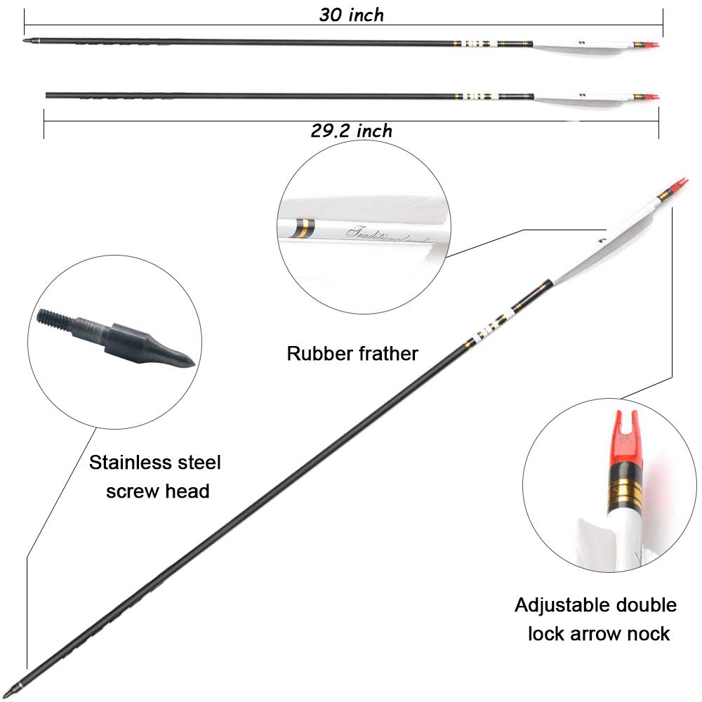 EROCK Archery Arrows 30inch Pure Carbon Arrows 500 Spine Turkey Feather Fletching Screw-in Field Points Targeting Arrows for Recurve Bow Compound Bow 12 Pack