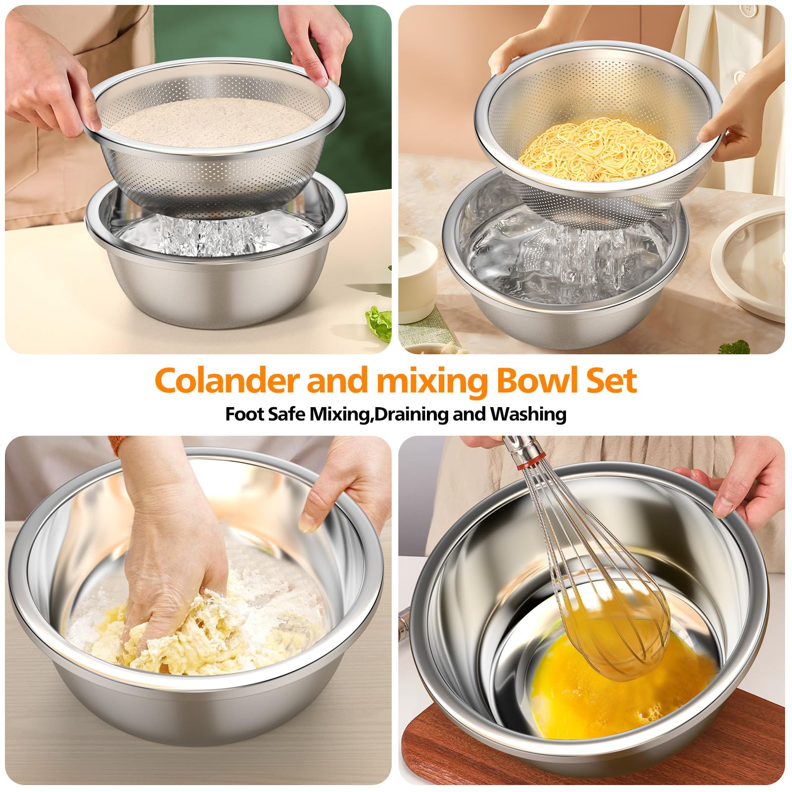 JSCARES 304-Stainless-Steel Colander with Mixing Bowls, 2-Quart Large Capacity, Metal Strainer Set Microporous Colander for Washing & Draining Rice, Fruit, Vegetables, Noodle, Cooked pasta(2PC)