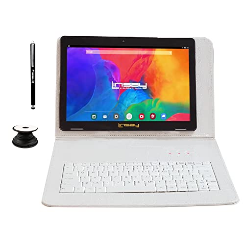 LINSAY 10.1" 1280x800 IPS 2GB RAM 32GB Android 11 Tablet with Keyboard Case Crocodile White, Pop Holder and Pen Stylus