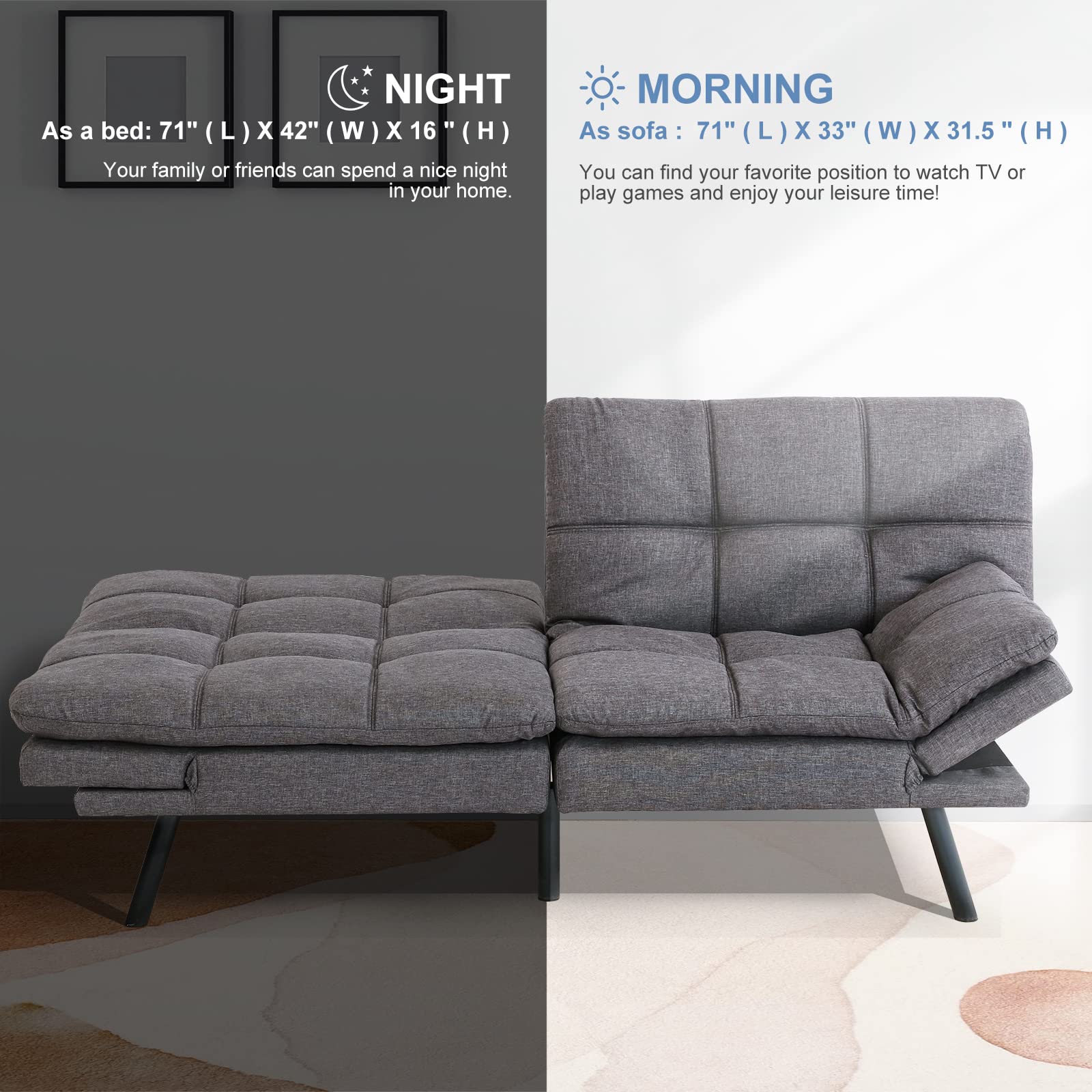 MUUEGM Futon Sofa Bed Memory Foam Convertible Sleeper Couch for Living Room,Modern Folding Love seat for Small Spaces Apartment Office Dorm,Adjustable Armrests Backrest,71" Dx33 Wx31.5 H,Linen,Grey