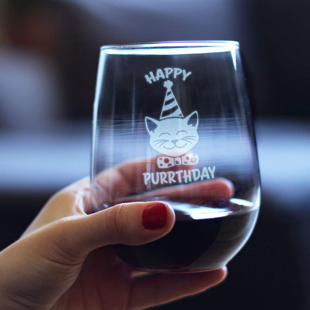 Happy Purrthday - Funny Cat Stemless Wine Glass for Birthday - Cute Cat Themed Bday Party Gifts and Decor - Large 17 Oz