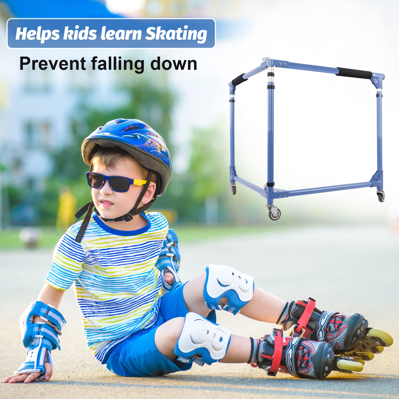 GanFindX Folding Skater Aid for Kids Roller Skating, Adjustable Height Roller Skate Trainer for Kids Toddler Training Walker (Denim Blue)