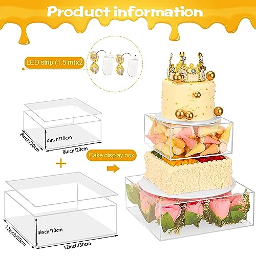 Nynelly Acrylic Cake Stand with Lid, Square Cake Riser Clear Cake Box Stand, Fillable Cube Pedestal Stands for Parties, Decorative Centerpiece for Wedding Birthday Party (2pcs, 8" Dx4”H; 12" Dx4”H)