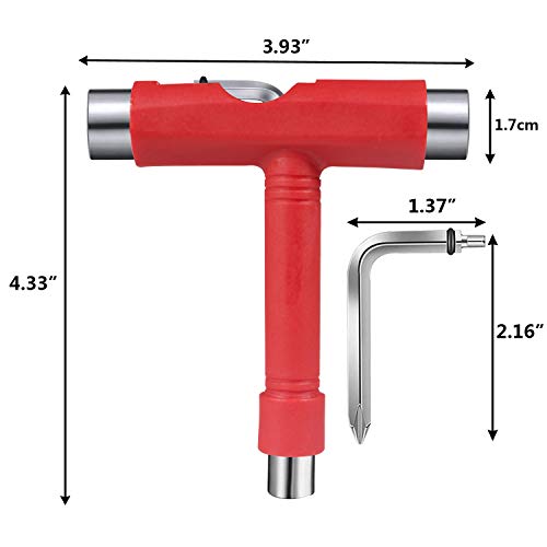 Geelife Skateboard Tool and Cleaner All-in-one Multi-Functional T Skate Tool, Allen Key and Grip Tape Eraser (Red)