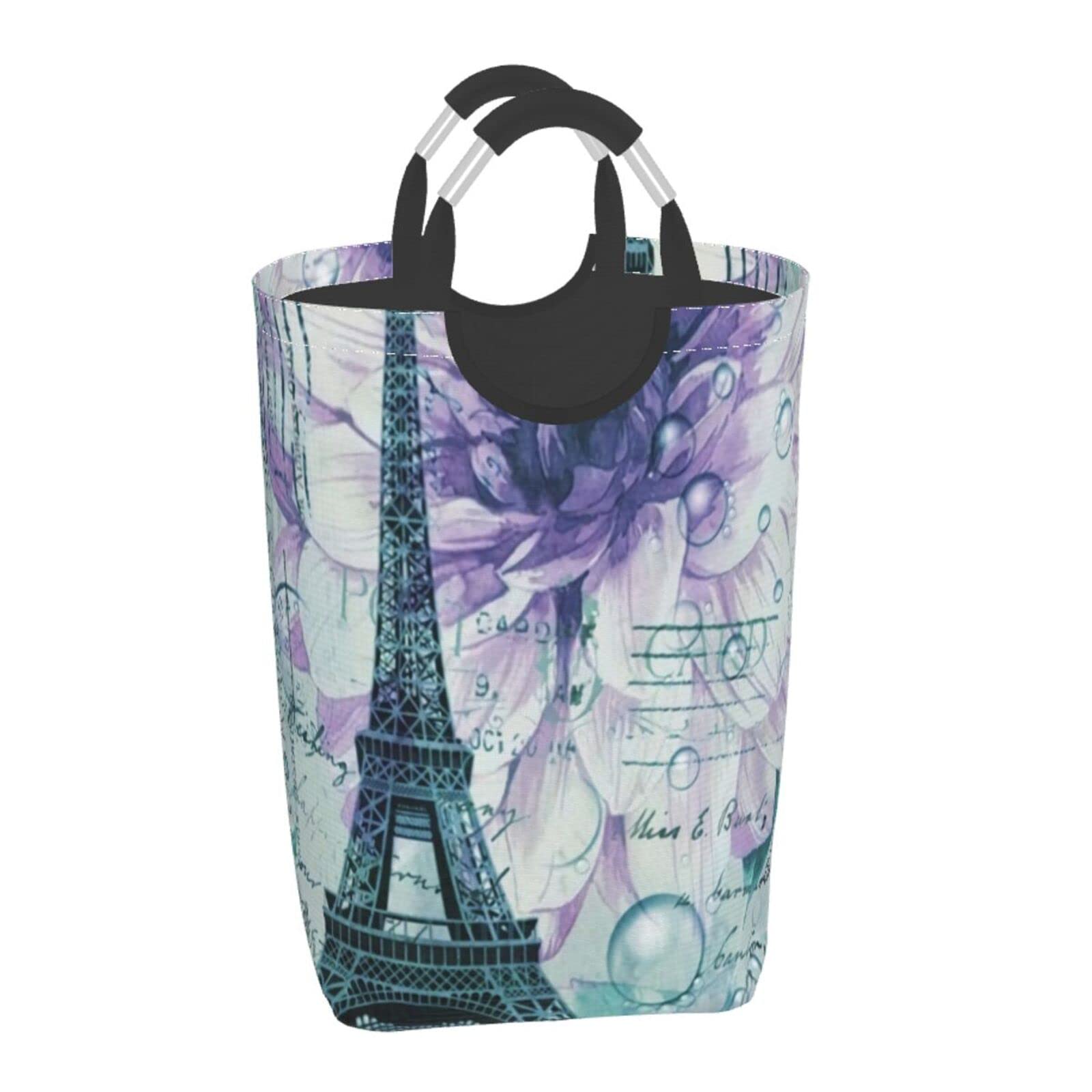 PooLpO Laundry Basket Purple Floral Vintage Paris Eiffel Tower Clothes Hamper Organizer Durable Dirty Clothes Pack For Bathroom Dorm, Black