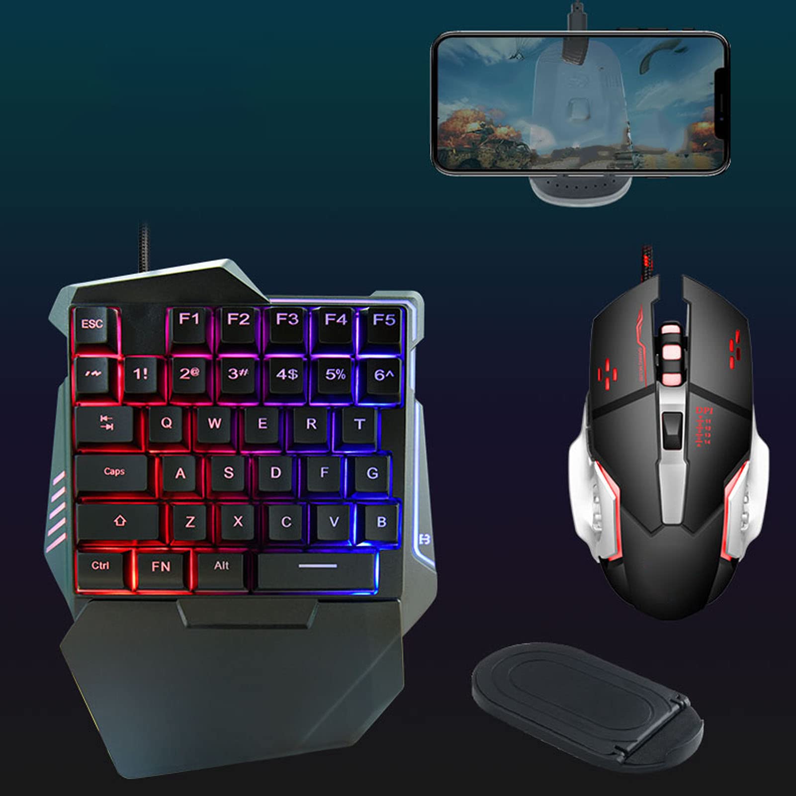 One Handed Gaming Keyboard Mouse Combo, 35 Keys Wired RGB Backlit Keyboard, 6 Keys Gaming Mouse, Dual USB Keyboard Mouse Set with Converter and Bracket