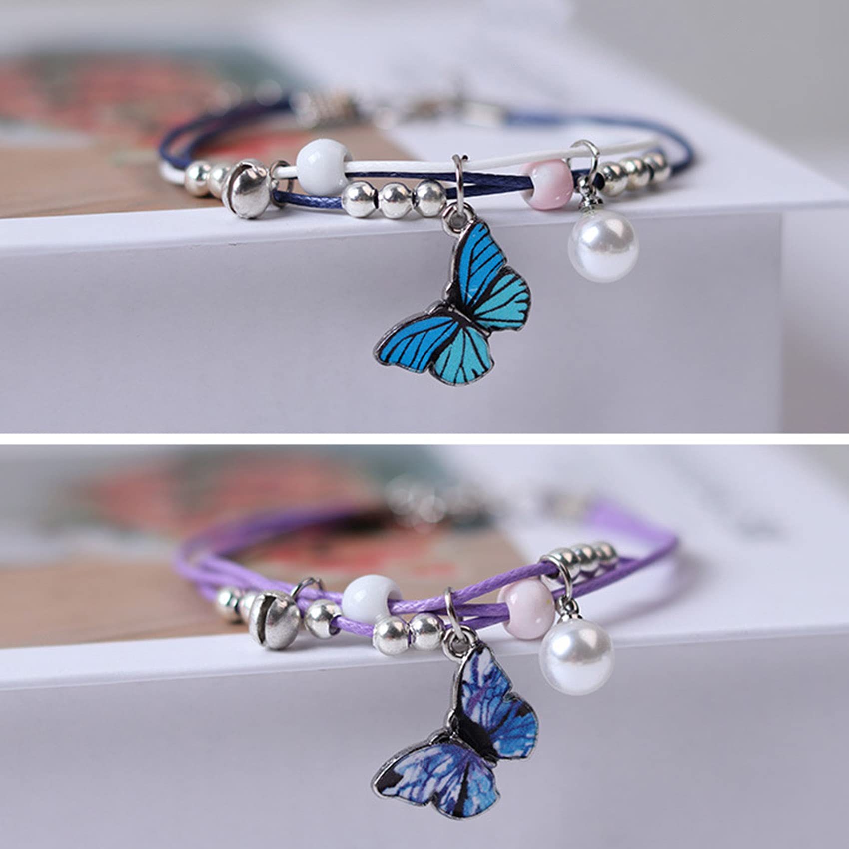 Journey Studio Multilayer Butterfly Bracelet Bohemian Leather Bracelets Adjustable Beaded Wrap Cuff Bangles for Women Butterfly Lovers,Blue, 18cm