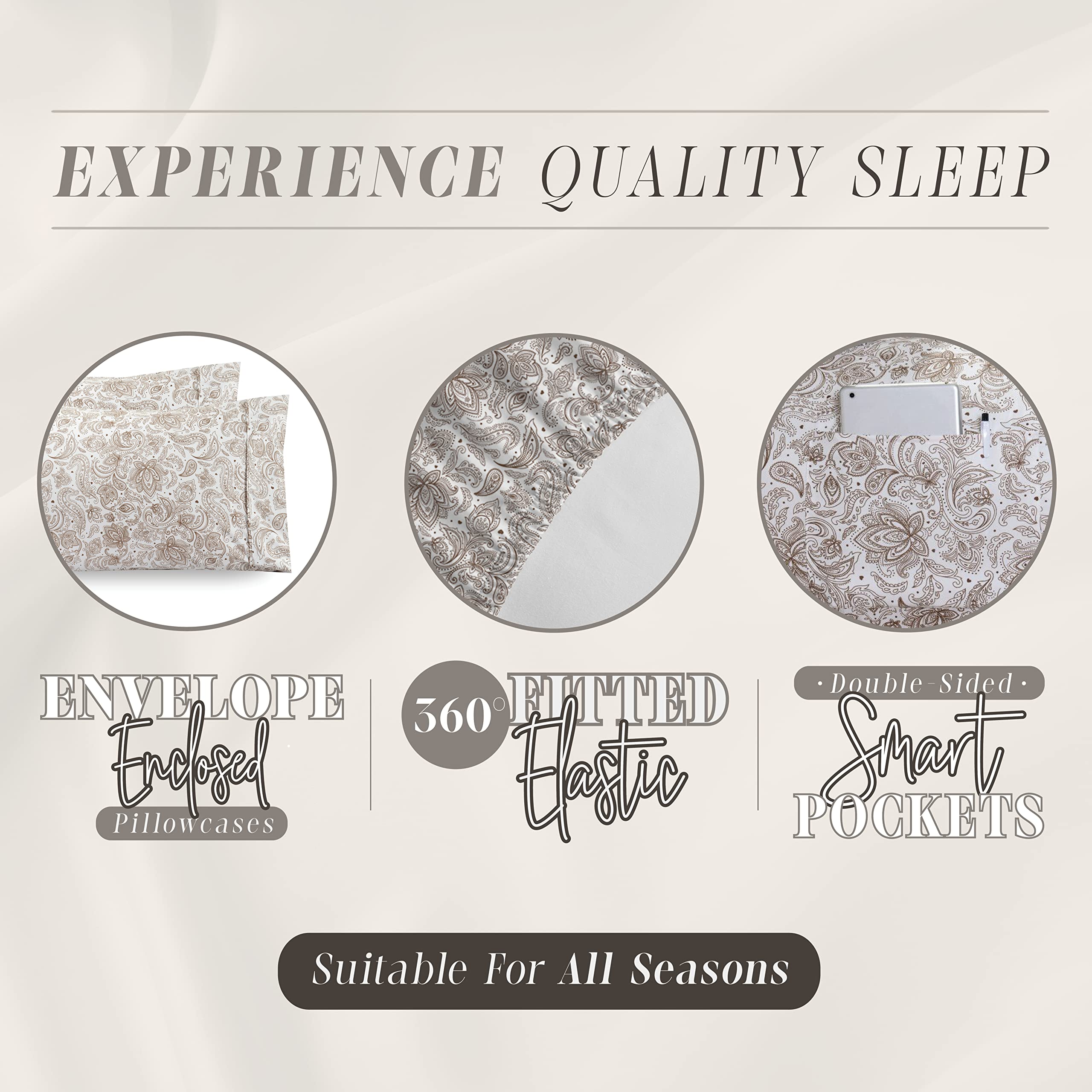 Elegant Comfort Amelia Paisley Printed 6-Piece Sheet Set, Deep Pocket 1500 Thread Count, Fade, Stain, and Wrinkle Resistant, Fitted Sheets with Smart Pockets, Paisley Sheet Set, King, Latte Taupe