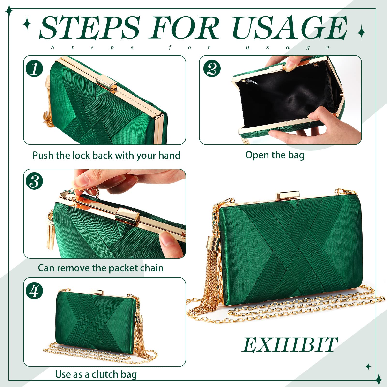 Jadive 3 Pcs Clutch Purses for Women Handbag Evening Purses Bag for Wedding Vintage Banquet Handbag Earrings Necklace Set(Emerald Green)