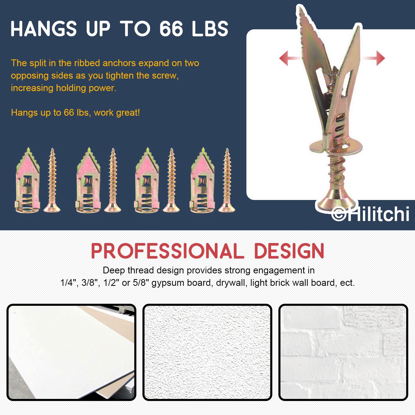 Hilitchi 200Pcs Self Drilling Drywall Anchors with Screws Easy Application No Drill or Holes in Wall, 66 Lbs, 12 x 30mm-100Pcs Anchors and 100Pcs Screws (Metal Anchors)