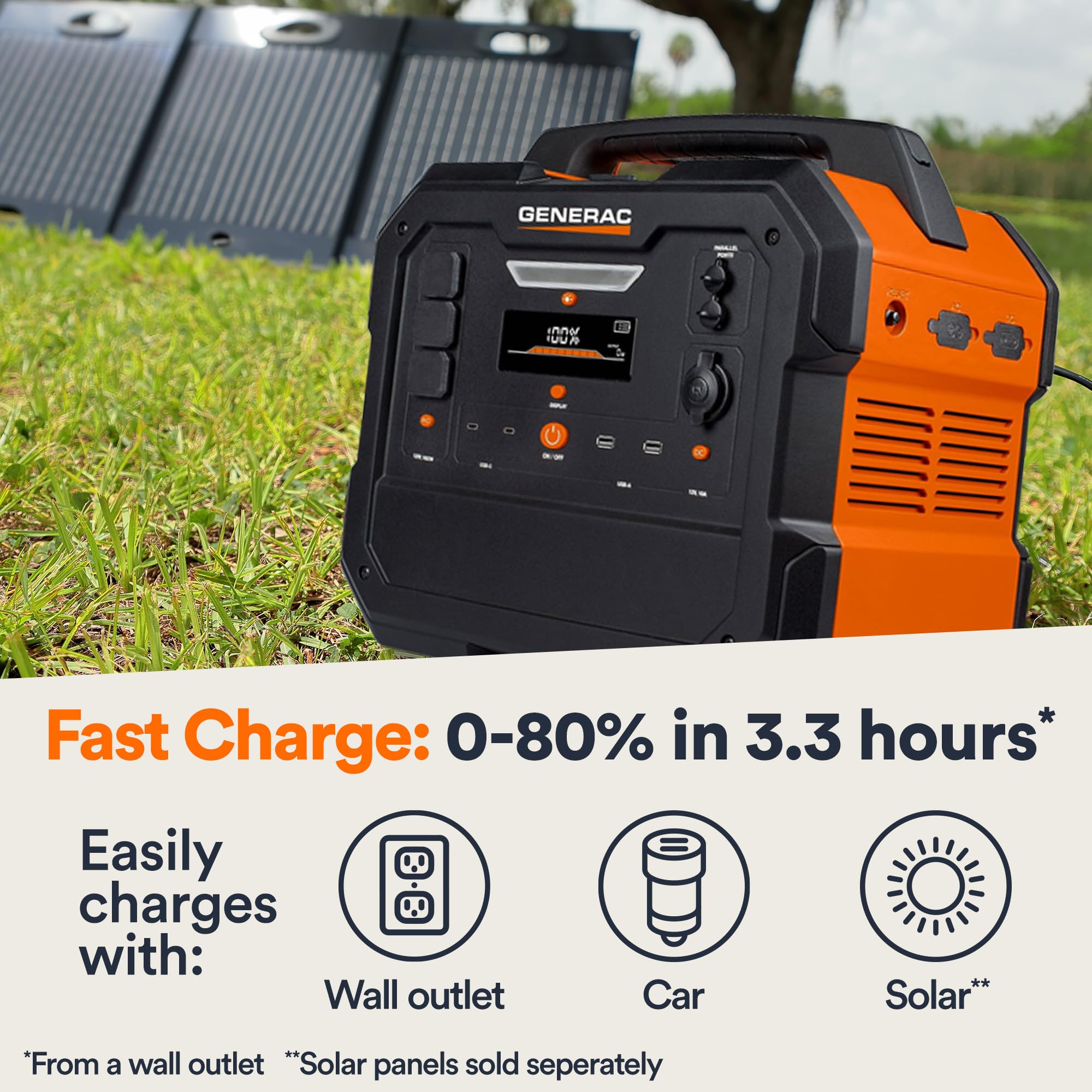 Generac 8026 GB2000 2106Wh Portable Power Station with Lithium-Ion NMC Battery Power & Fast Solar Charging Built-In MPPT Controller, 50-State / CARB Compliant