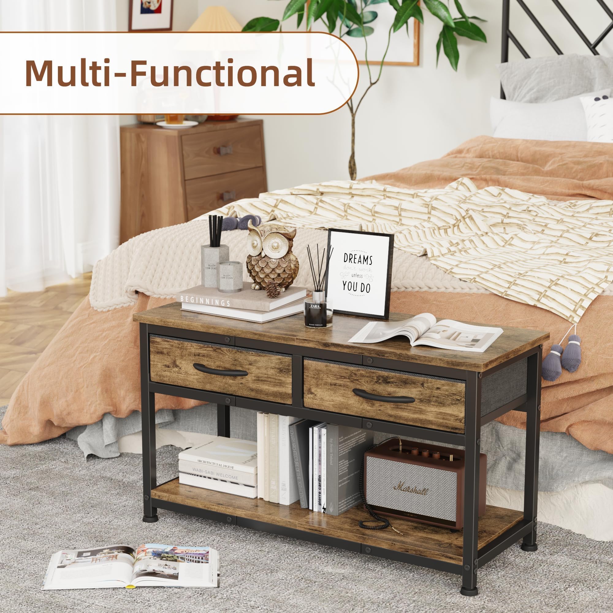 DSAFGGY Shoe Rack Bench with 2 Fabric Drawer, 2-Tier Entryway Bench with All-Wood Board, Stable Shoe Storage Bench with Seating Holds Up to 350 LB, Space Saving, Doorway, Rustic Brown