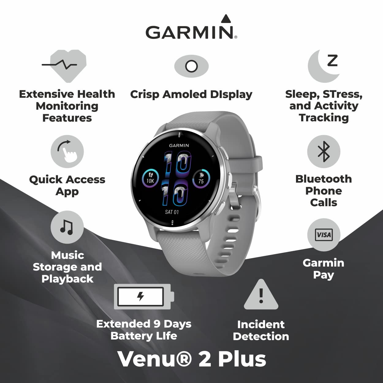 Wearable4U Garmin Venu 2 Plus GPS Multisport Smartwatch, 33 mm with AMOLED Display, Call and Text, Music, Adv HM+FF, Slate Bezel with Black Case Black Earbuds Bundle