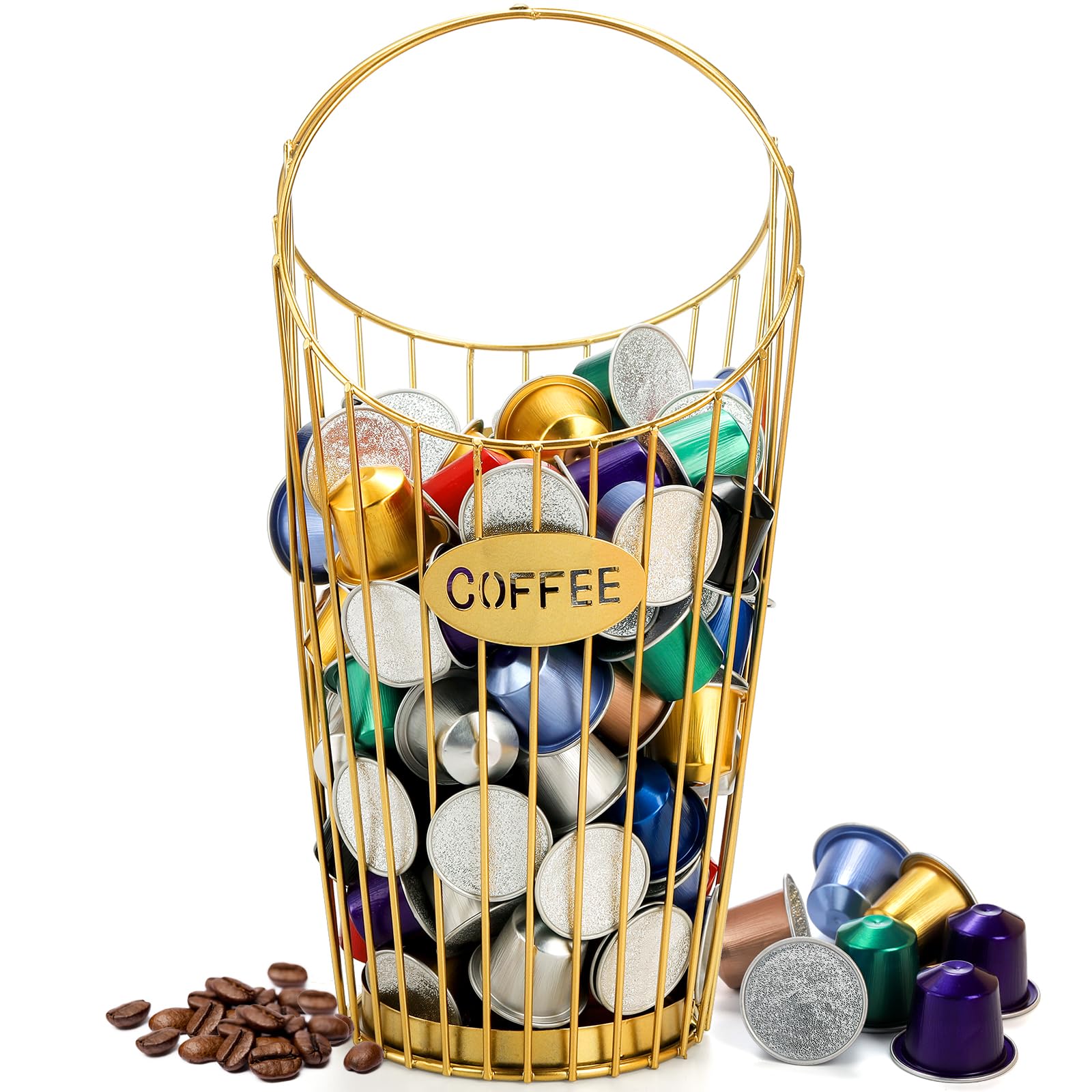 Elsjoy Gold Coffee Pod Holder, 12 Inch Large K Cup Holder Basket Coffee Capsule Storage Holder, Coffee Pod Creamer Storage Organizer for Kitchen, Coffee Bar, Counter