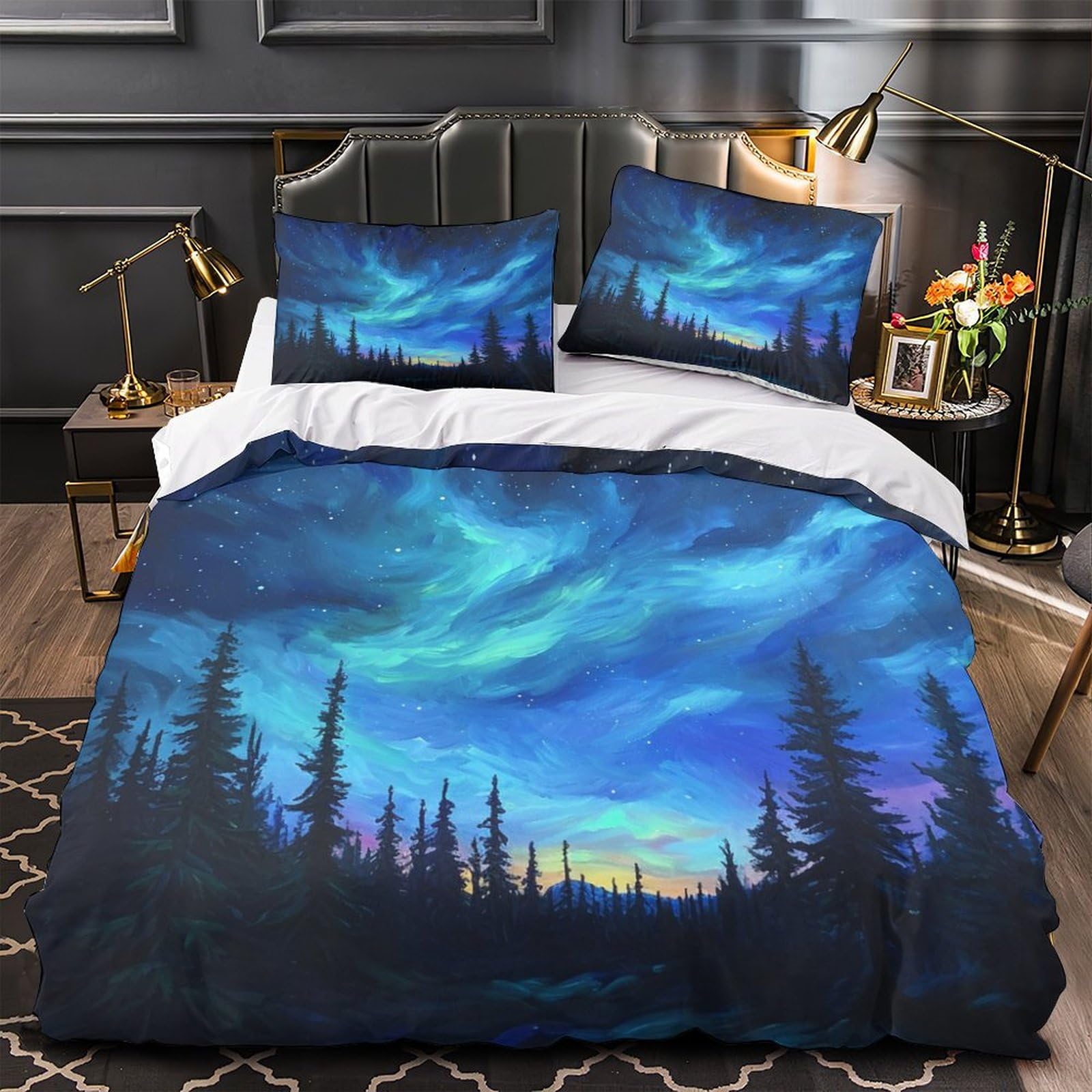 MIMIBEDDING Northern Lights for Boys Girls Comforter Covers 3D Print Blue Quilt Cover Duvet Cover with Pillow Cases Bedding Set Soft Microfiber with Zipper Closure 3 Pieces Queen(228x228cm)