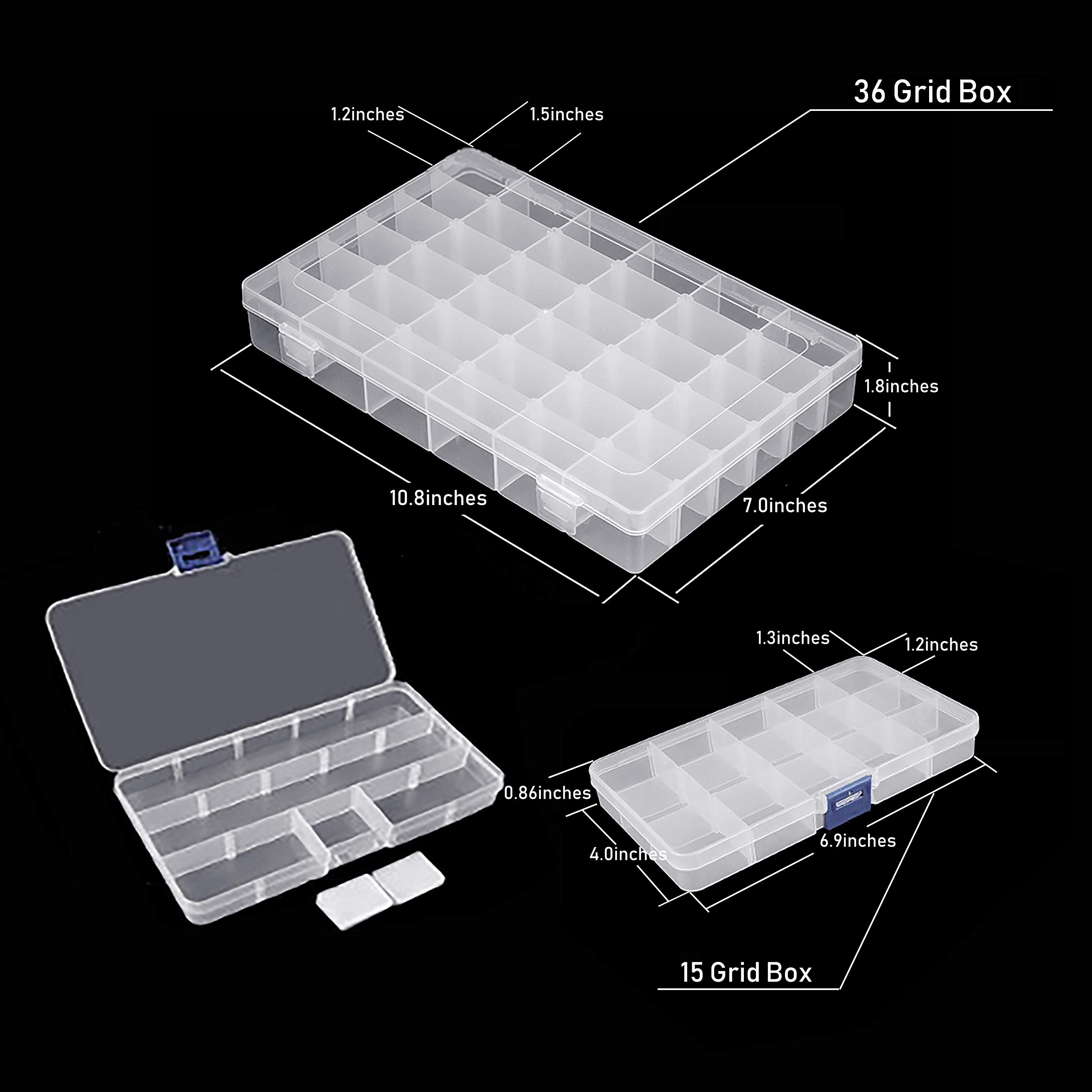 Snowkingdom Plastic Grid Box Storage Organizer Case for Display Collection with Adjustable Dividers - 3 Pack (1pc 36 Grids + 2pc 15 Grids) - Free Letter Stickers