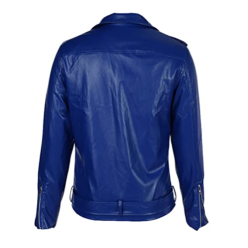 Maiyifu-GJ Faux Leather Jackets for Men Classic PU Leather Motorcycle Jacket Lapel Asymmetric Zip Up Belted Biker Coat (Dark Blue,Large)
