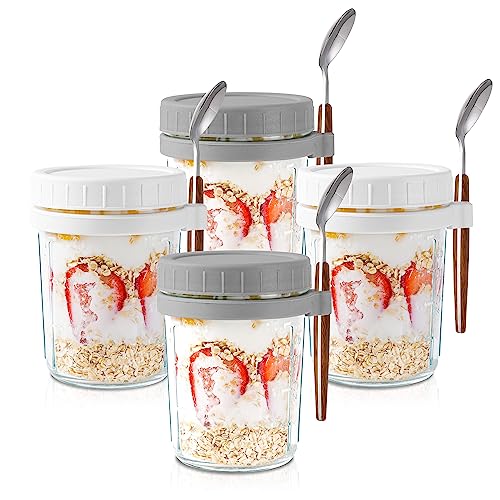 Overnight Oats Containers with lids and Spoons: 16 oz Mason Jars for Overnight Oats - 4 Pack Glass Meal Prep Container for Oatmeal - Food Storage Containers/Canning Jars/Food Jars & Canisters