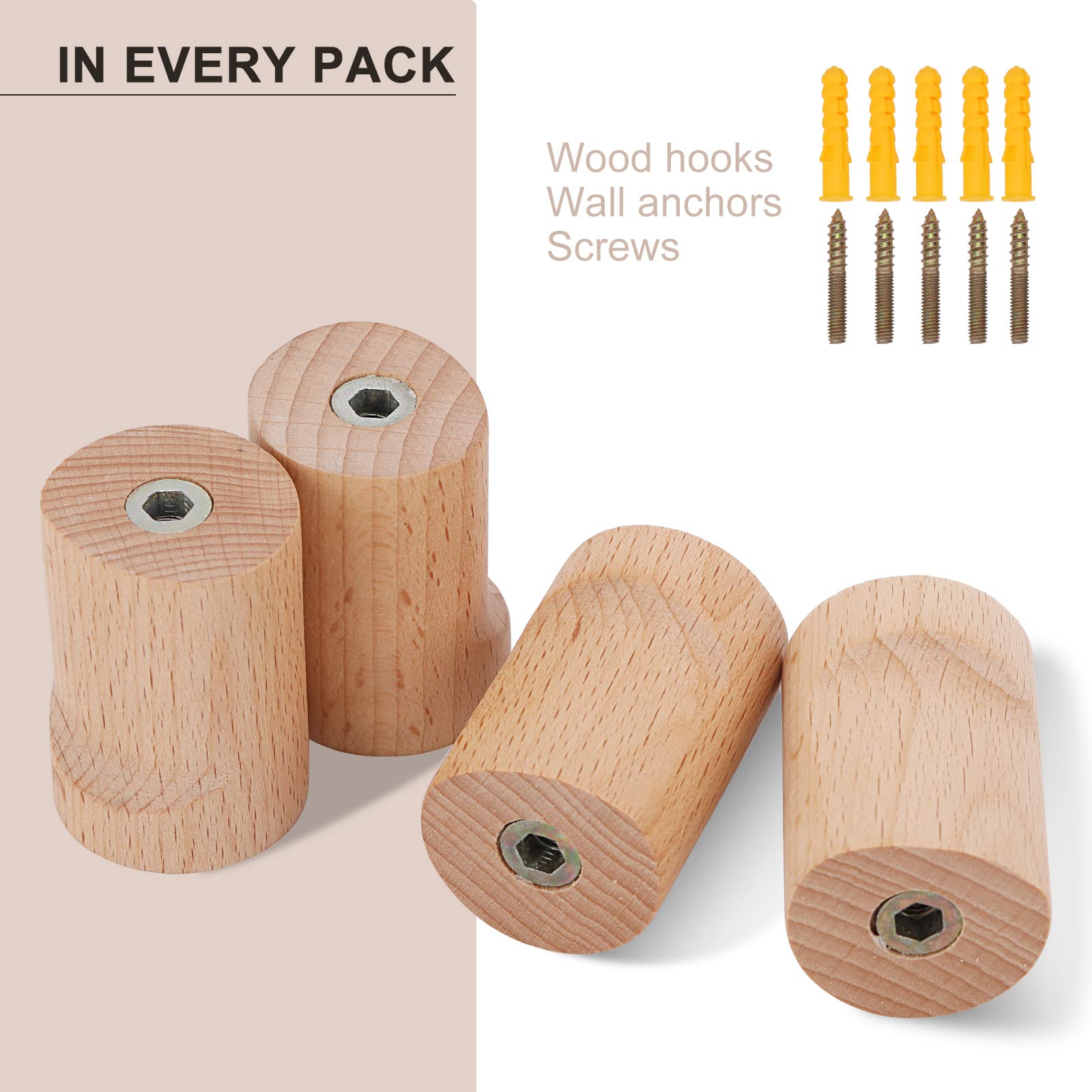 Mzizi Dco Wood Wall Hooks,Coat Hooks Wall Mounted,Decorative Single Heavy Duty Hat Hooks, Wall Hanger for Hanging Coat Towel Hat Backpack Bag Robe Jacket Clothes (Beech Wood, 4)