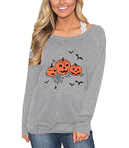 FLOYU Pumpkin Face Sweatshirt Women Halloween Off The Shoulder Tops Fall Pumpkin Pullover Halloween Long Sleeve Clothes Grey