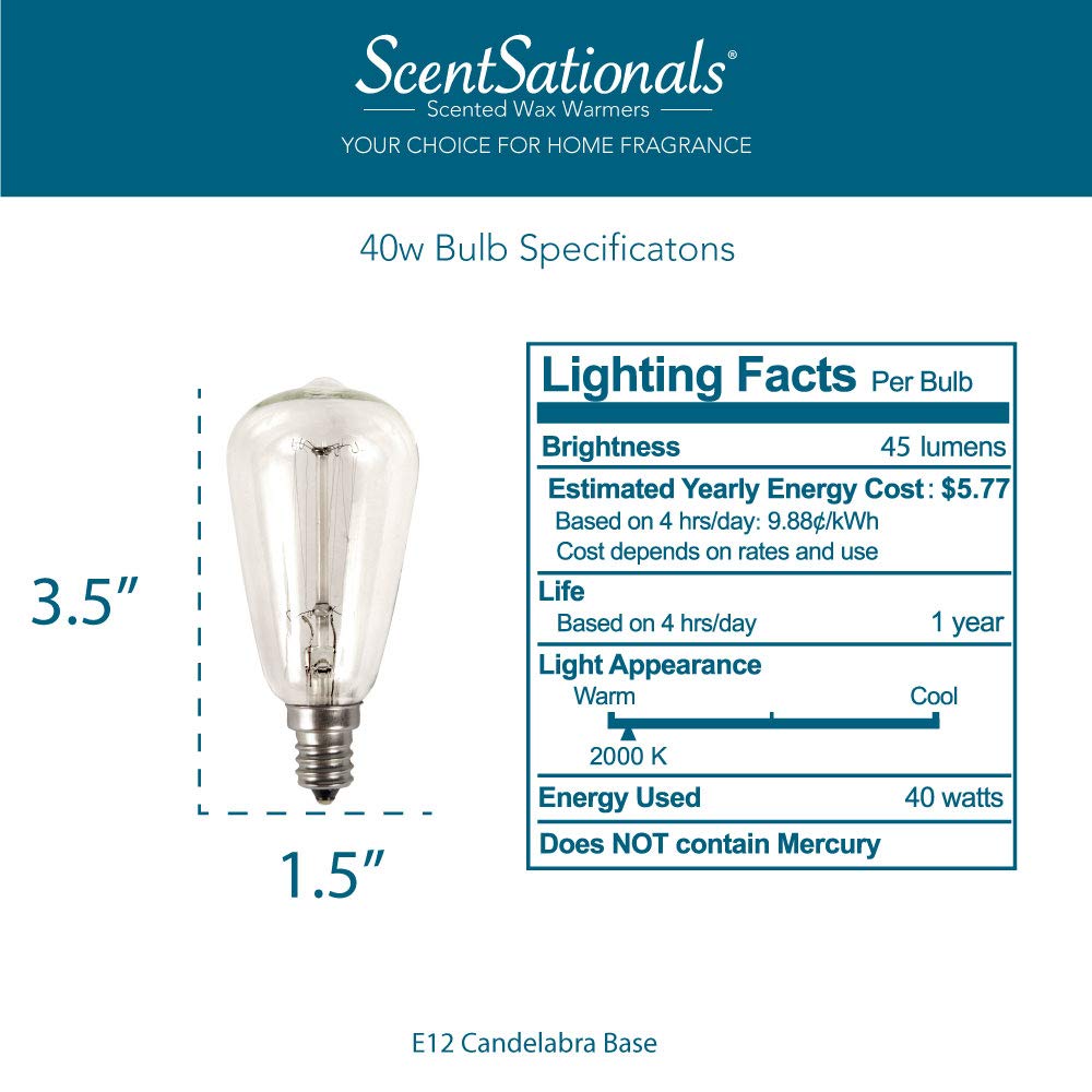 Scentsationals 40w Bulb for Edison Wax Warmer Single Unit - 40 Watt Light Candelabra E12 Base - Retro Vintage Replacement Electric Plug-in Wax Melter, Certified Style ST38 120 Volt (1 Pack)