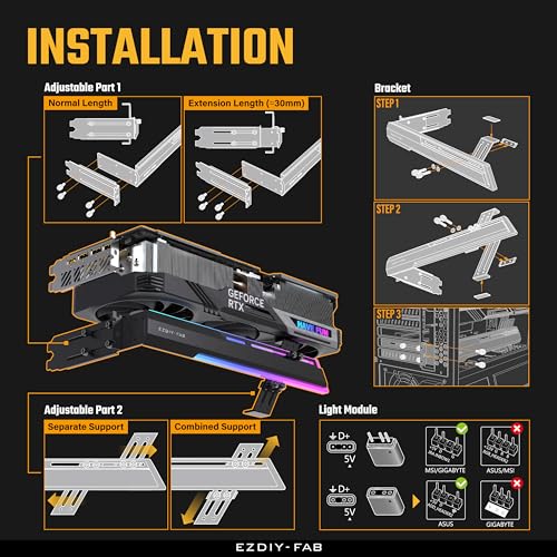 EZDIY-FAB 5V ARGB GPU Holder Brace Graphics Card GPU Support Video Card Holder Bracket, Strenchable Structure, Video Card Sag Holder/Holster Bracket Support RX7990XTX, RTX4090, Black-341