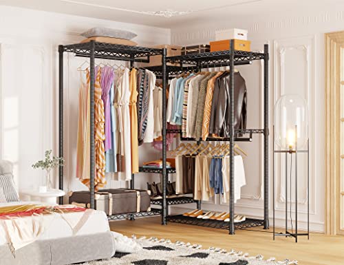 Raybee 77" H Clothes Rack Heavy Duty Clothing Racks for Hanging Clothes 720LBS Adjustable Clothing Rack Portable Closet Racks for Hanging Clothes Wire Garment Rack Black 13.9" D x 70.6" W x 77" H