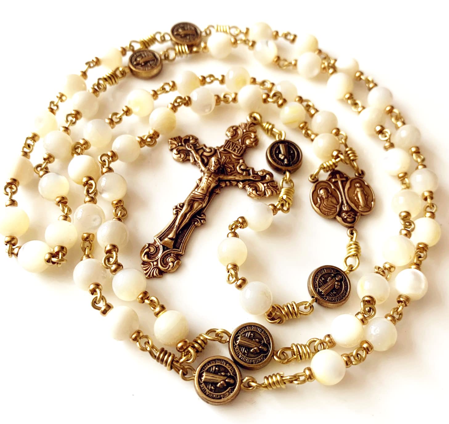 elegantmedical HANDMADE COPPER CATHOLIC ROSARY Moonlight Mother of Pearl Beads necklace Crucifix Cross gift box Gift