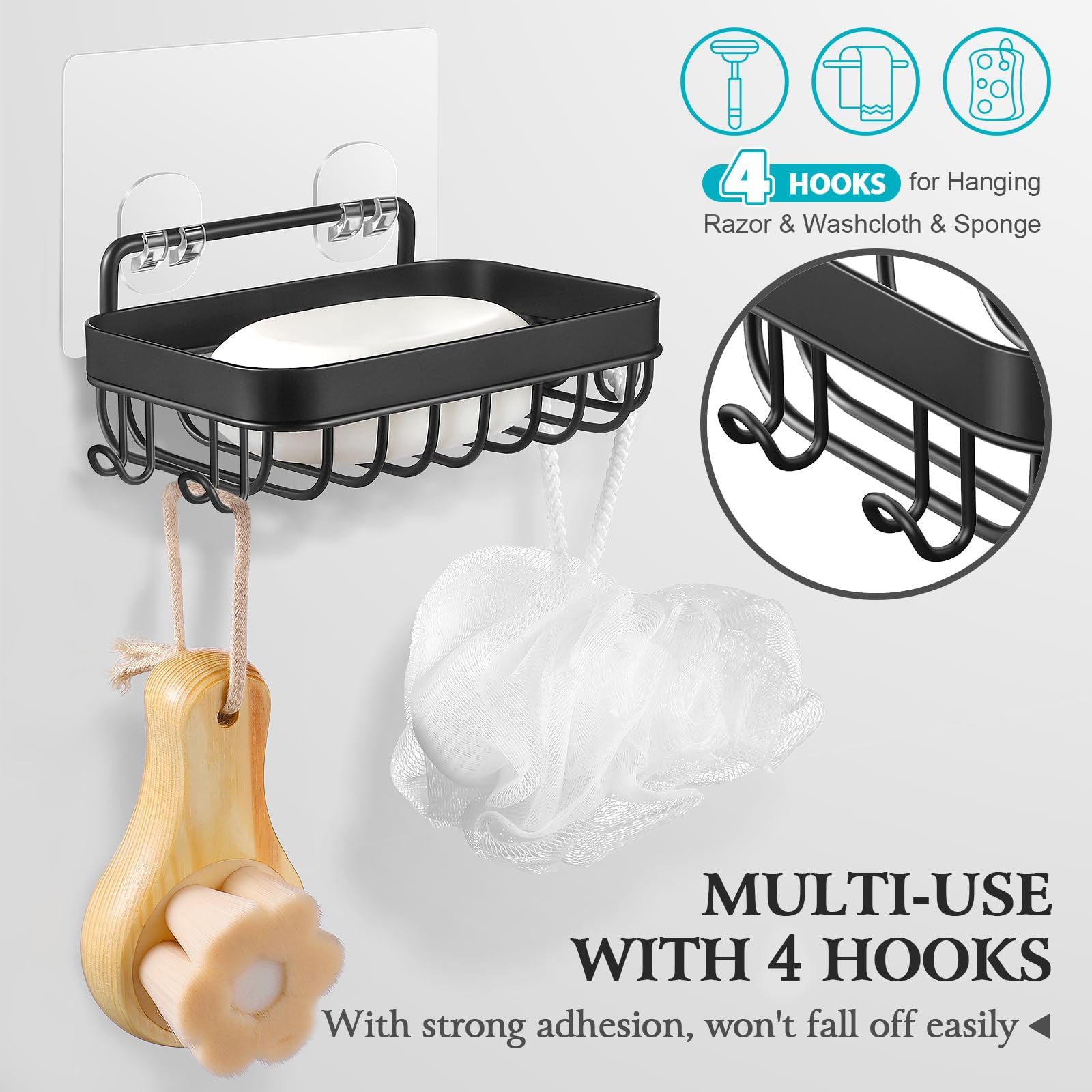 Soap Dish Holder for Shower Wall, 304 Stainless Steel Bar Soap Holder with Hooks for Bathroom, Sponge Holder for Kitchen Sink-Powerful Adhesive No Drilling