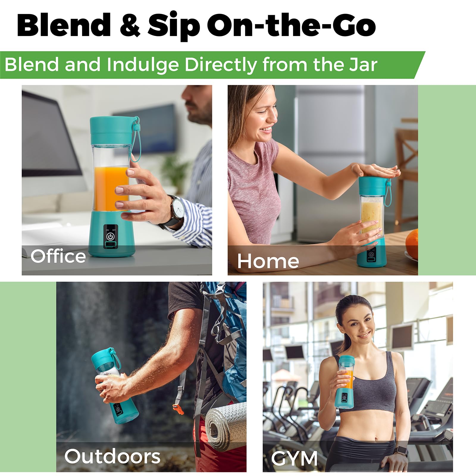Personal Blender for Shakes and Smoothies, USB Rechargeable Shaker, Portable Juicer with Six Cutters, 380ML Juice Bottle for Travel Gym(Teal)