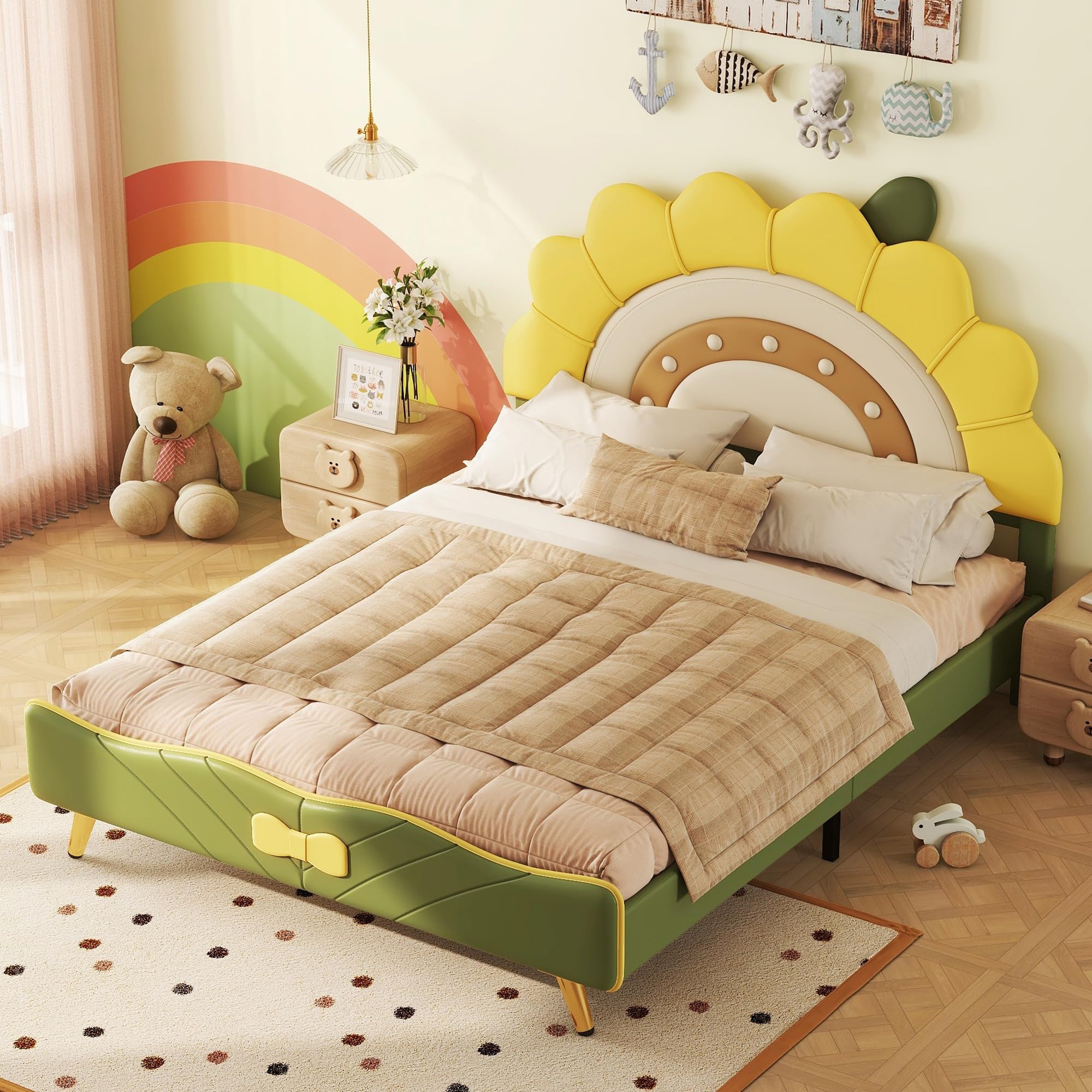 Merax Twin Size Bed Frames for Kids, Upholstered Platform Bedframe with Sunflower Shaped Headboard, No Box Spring Needed, Green
